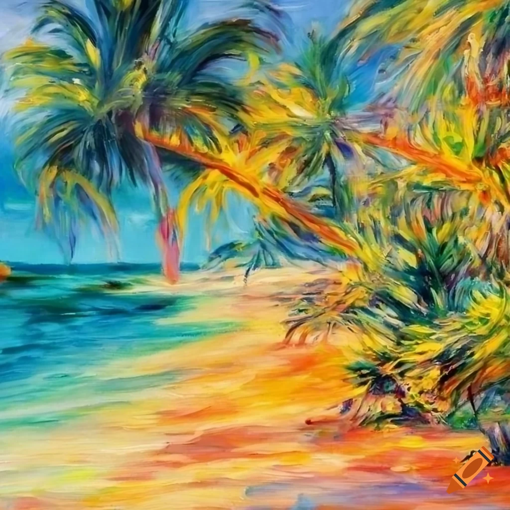 Colorful tropical beach painting in renoir style