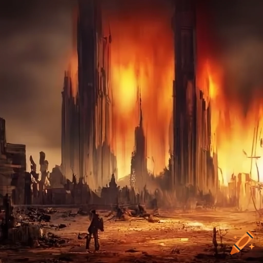 Destruction and flames in a post-apocalyptic world on Craiyon