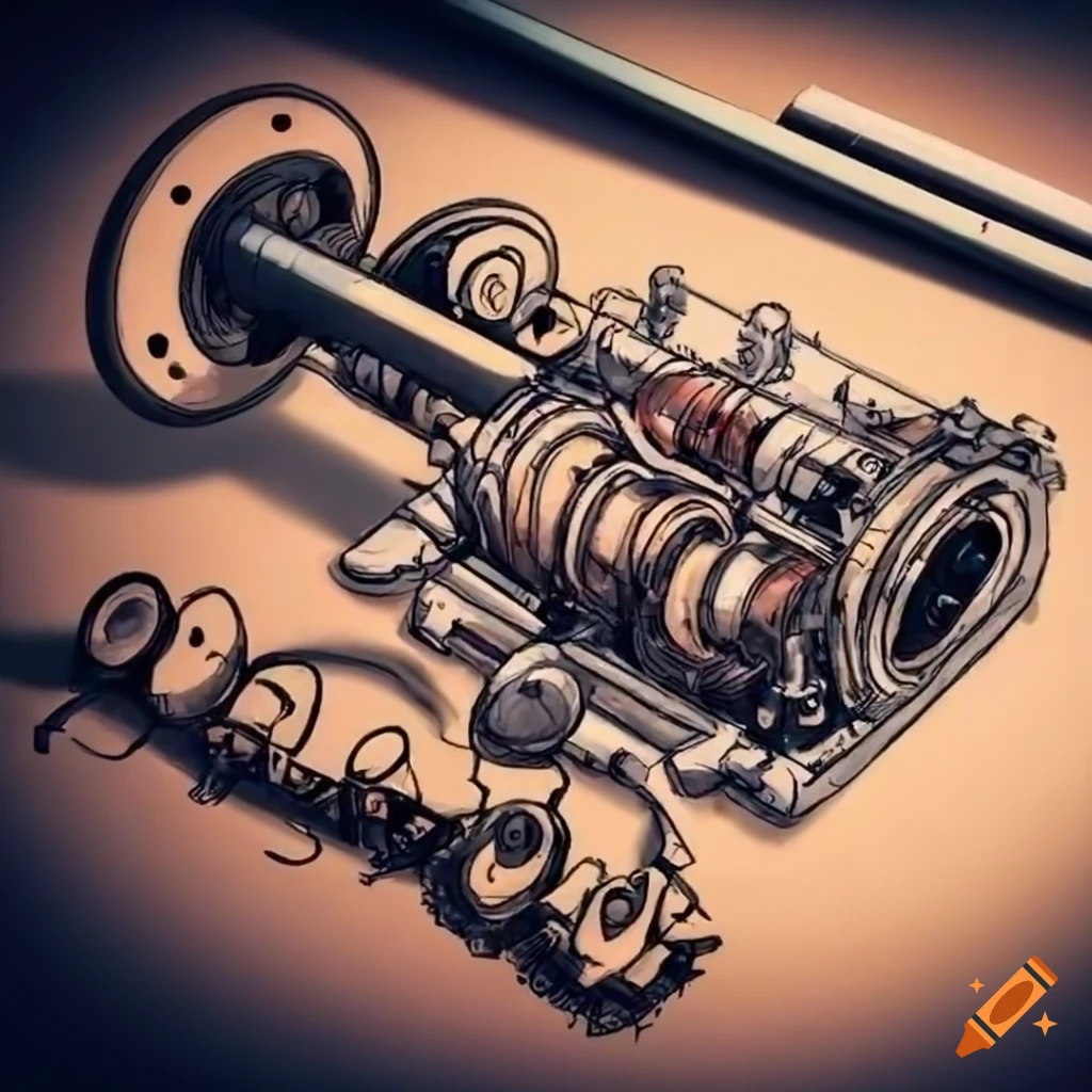Line drawing of a disassembled engine on Craiyon