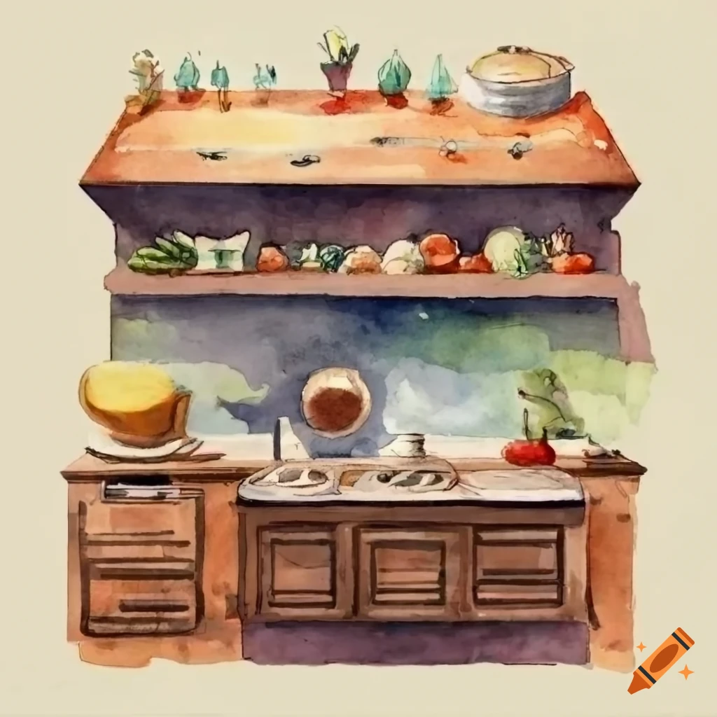 Watercolor illustration of a fairy tale house kitchen on Craiyon