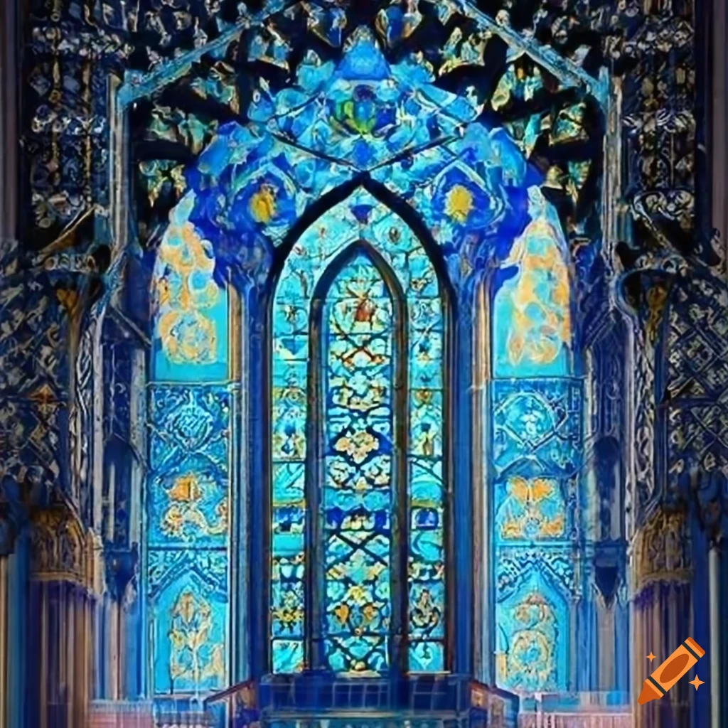 Grand round cathedral with colorful glass windows and fire pit on Craiyon