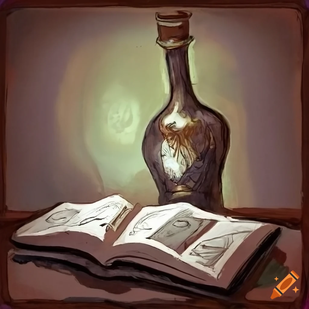 Painting of a magic book and bottles on a table on Craiyon
