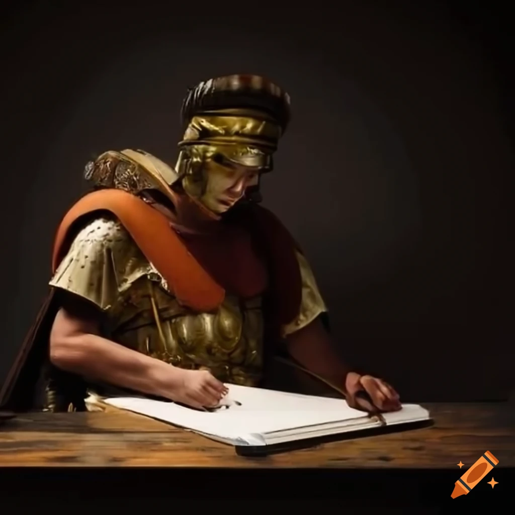 Ancient Roman soldier writing with a modern pen on Craiyon