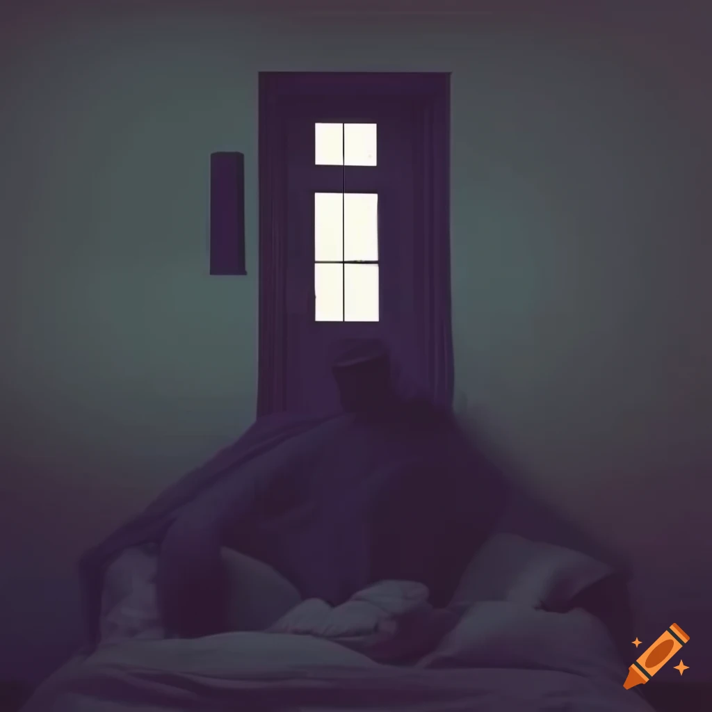 Shadow man lying on a black bed in a purple waiting room with an empty ...