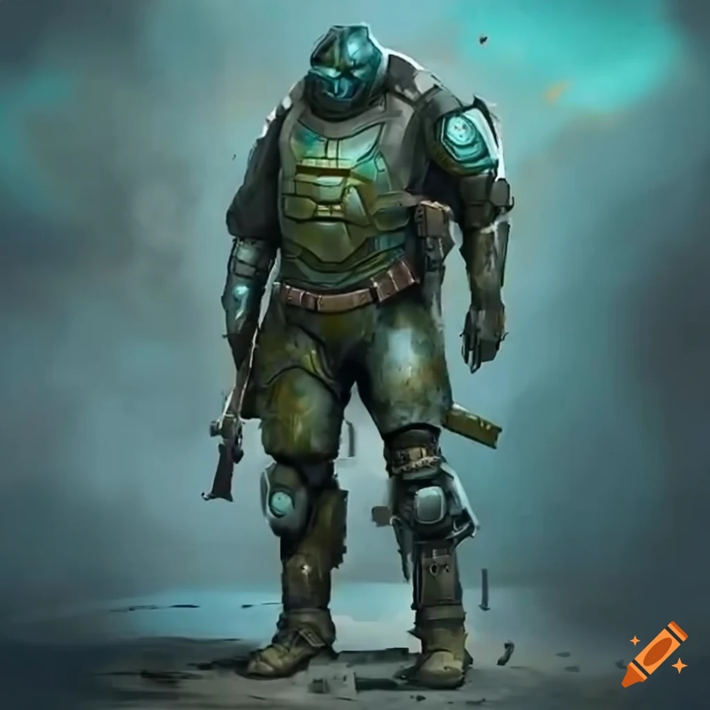 Hi-tech post-apocalyptic superhero in futuristic armor