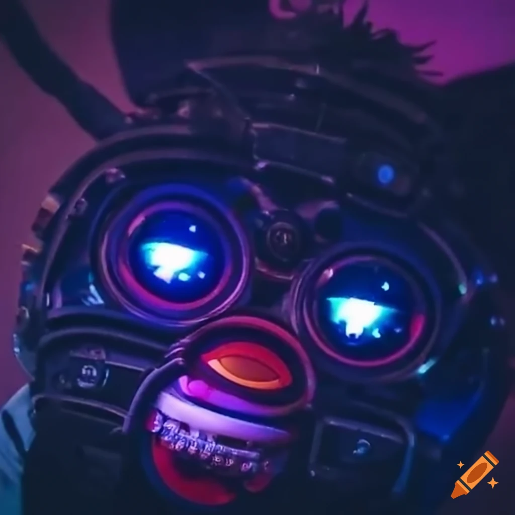 Photorealistic close up shot of a giant furby endoskeleton on Craiyon