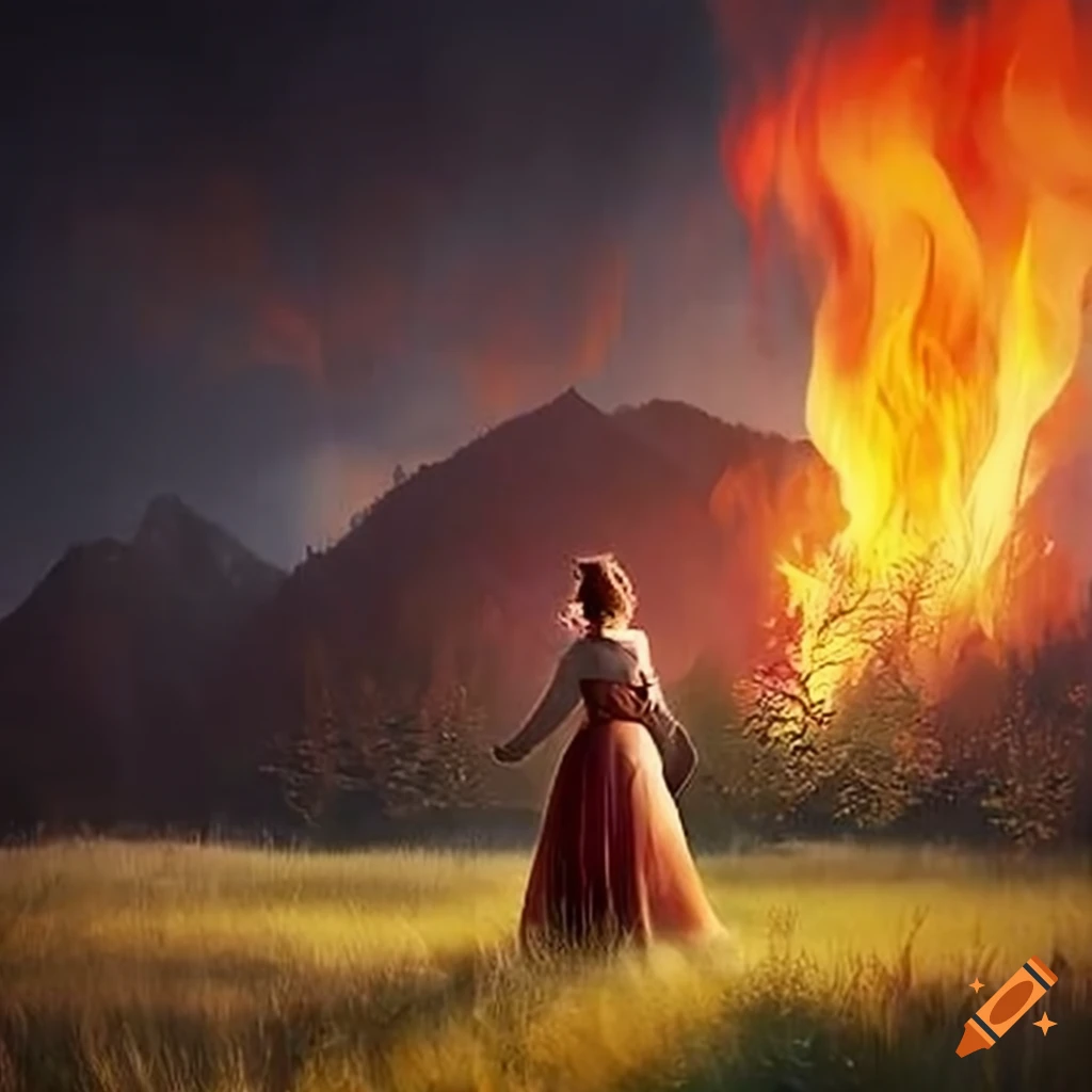 Image of a divided meadow with one half on fire and the other half calm ...