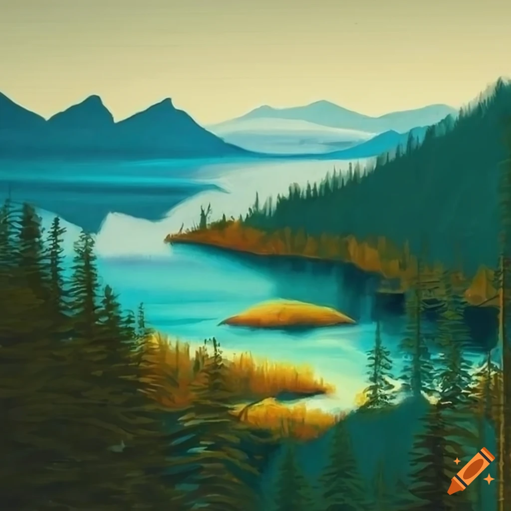 Detailed painting of a forest trail with mountains and lake on Craiyon