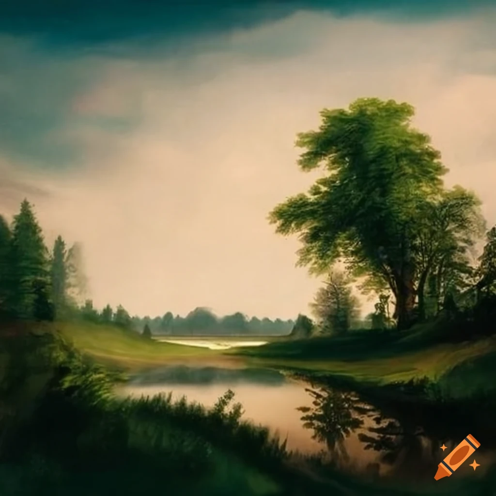 Painting of a scenic German landscape with woods and water on Craiyon