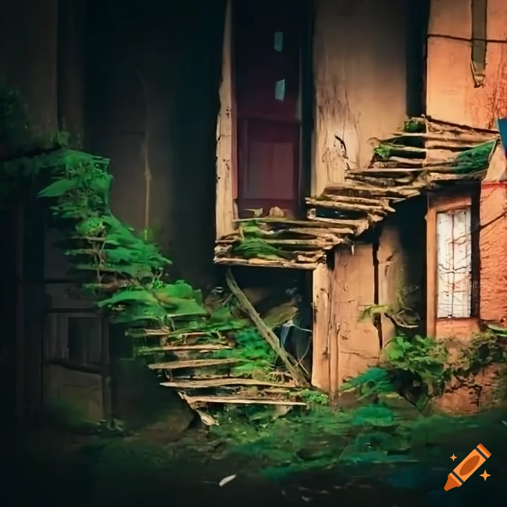 Photograph of rural slums with interconnected stairs on Craiyon