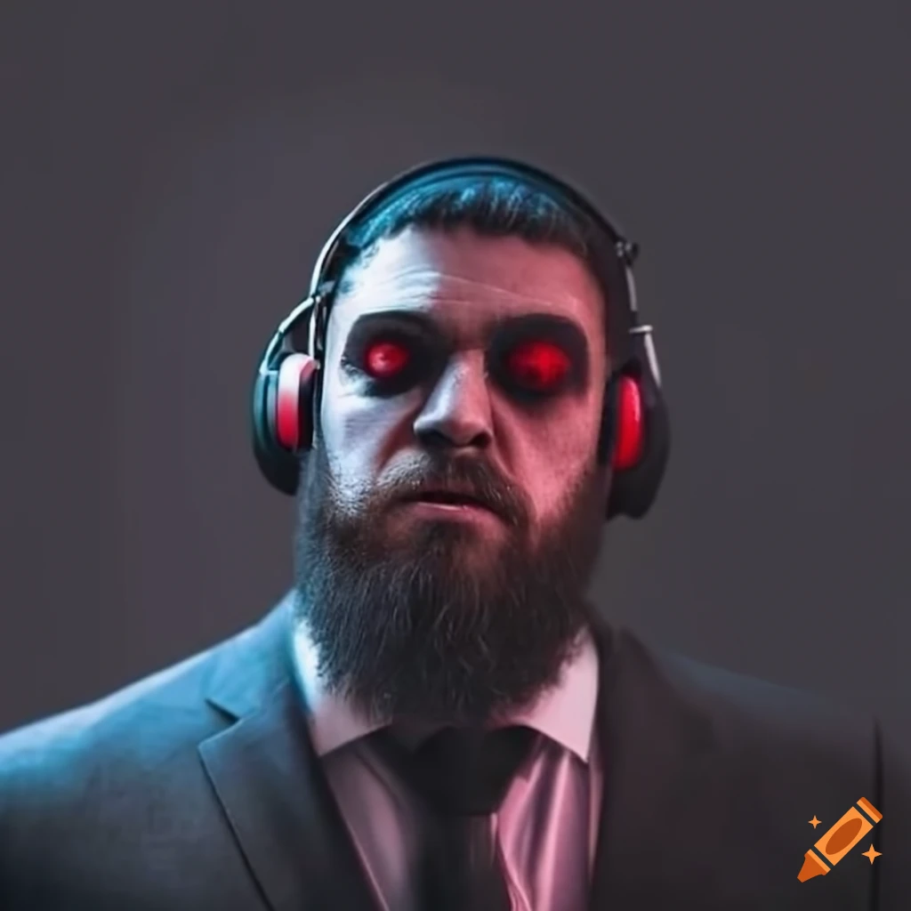 Image of a sinister bearded man in a black suit and tie with glowing ...