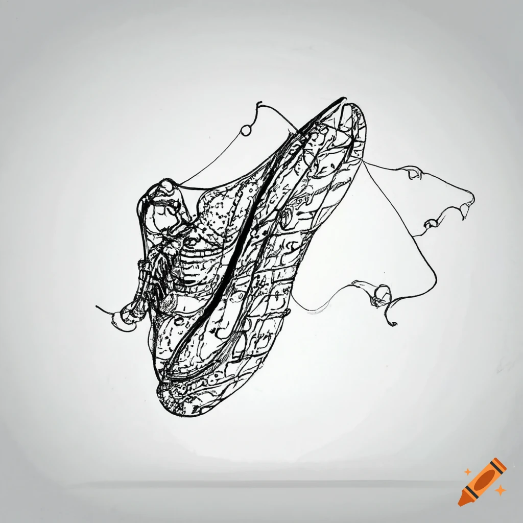 Ink sketch of a shoe on a wire with a child watching on Craiyon