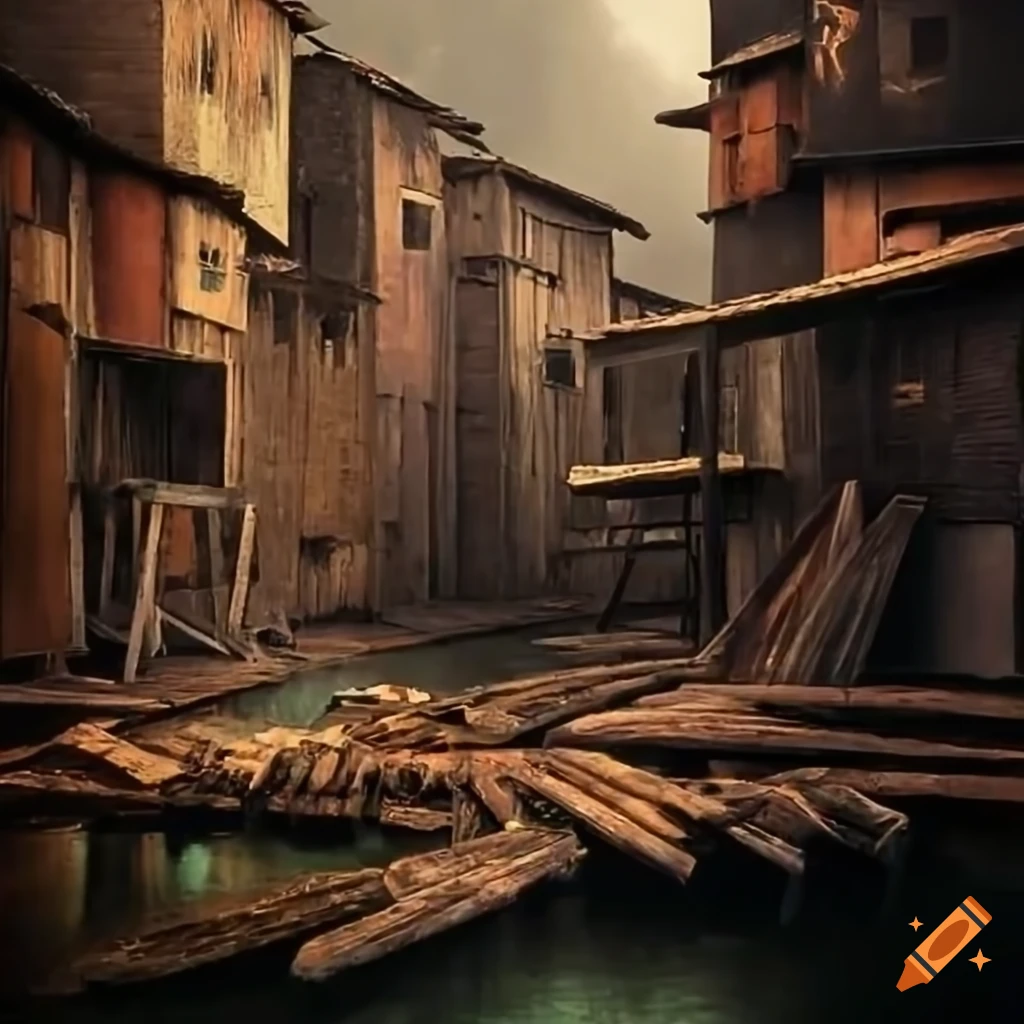 City slums with structures resting on stilts on lake on Craiyon