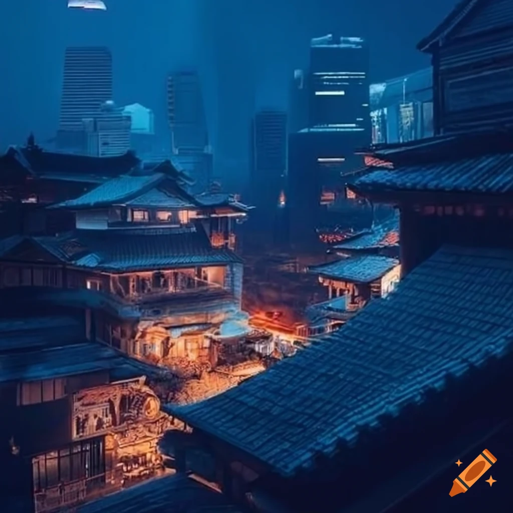 Traditional japanese compound surrounded by modern skyscrapers on Craiyon