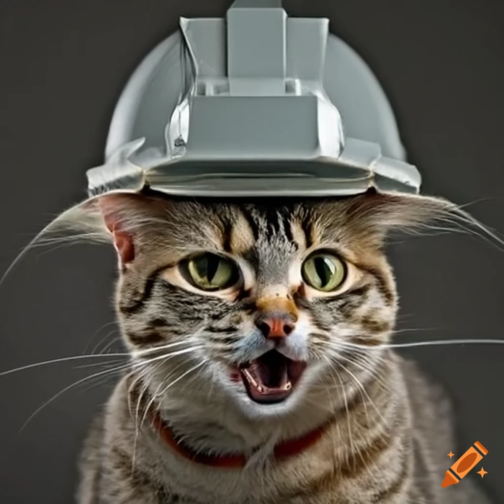 Funny illustration of a cat wearing a hardhat