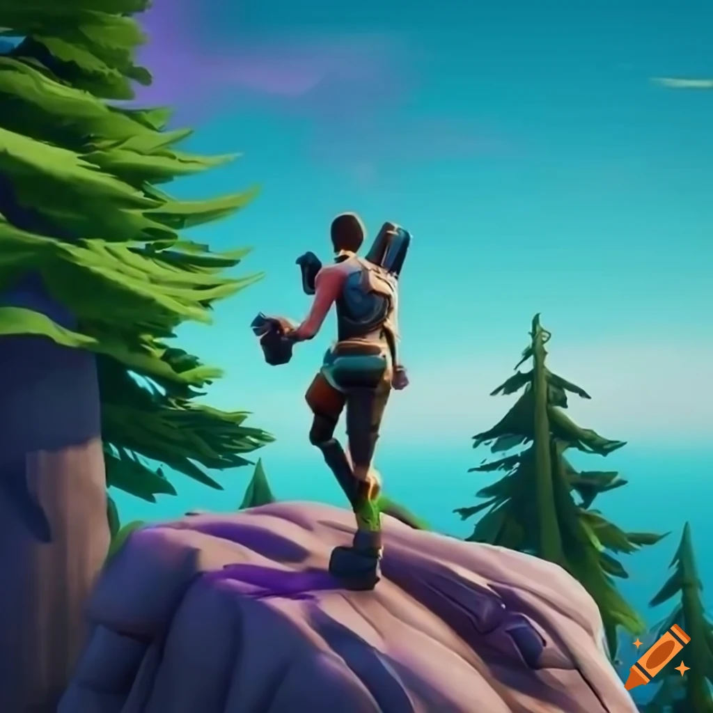 Scenic Fortnite wallpaper with trees, mountain, and river on Craiyon