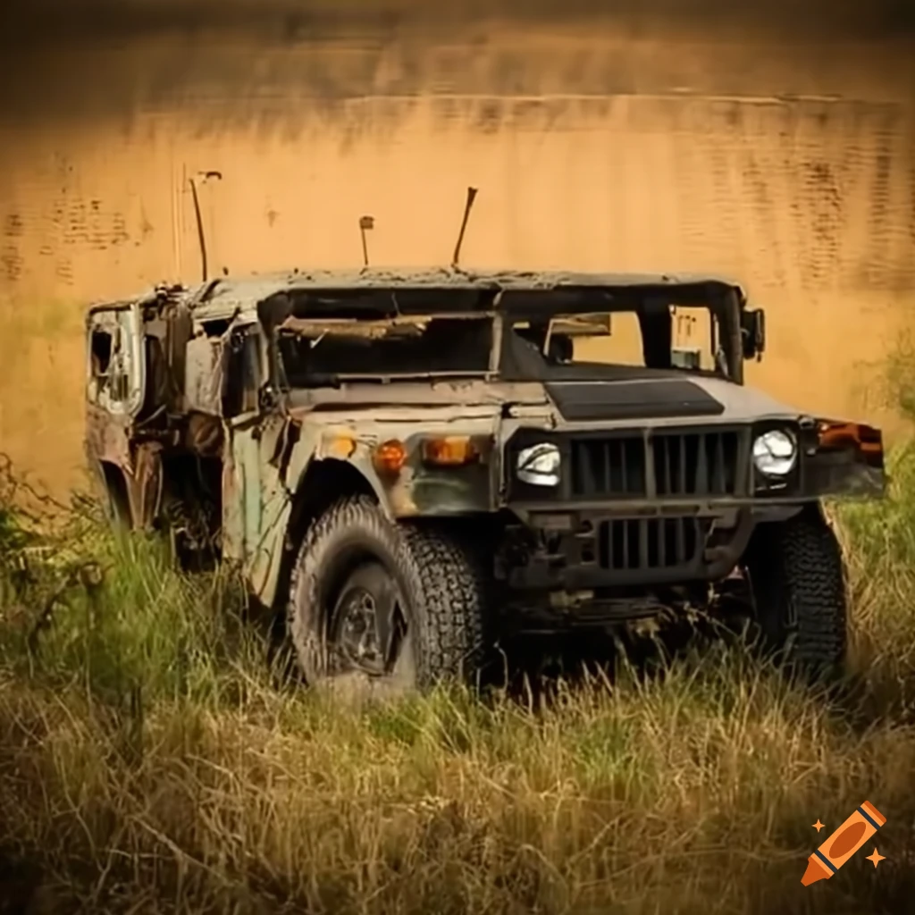 Destroyed military vehicle in a field