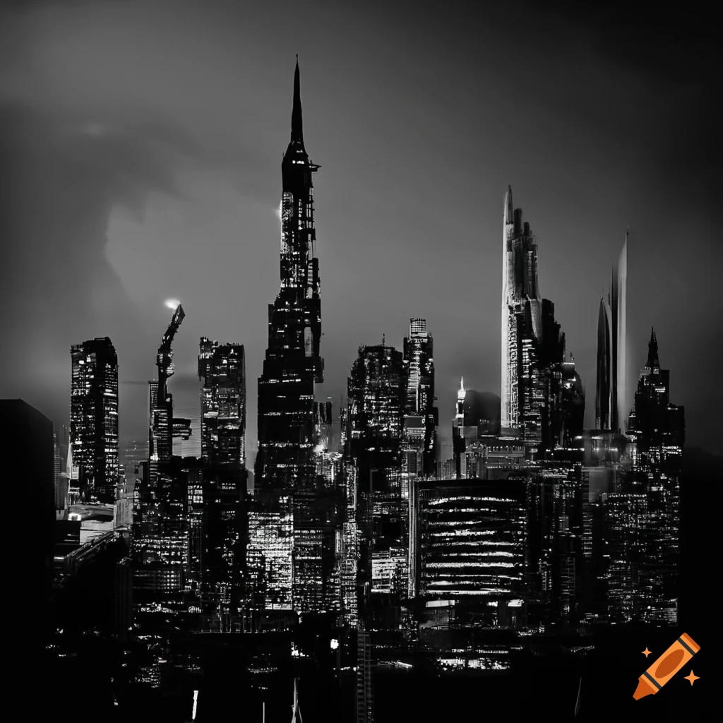 Black and white futuristic city
