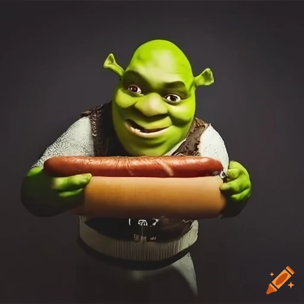 Shrek enjoying a hotdog on Craiyon