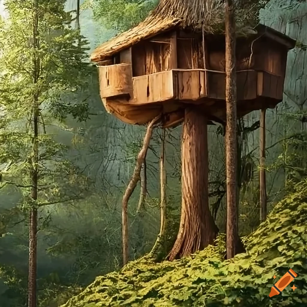 Artistic illustration of treehouses with climbing plants on Craiyon