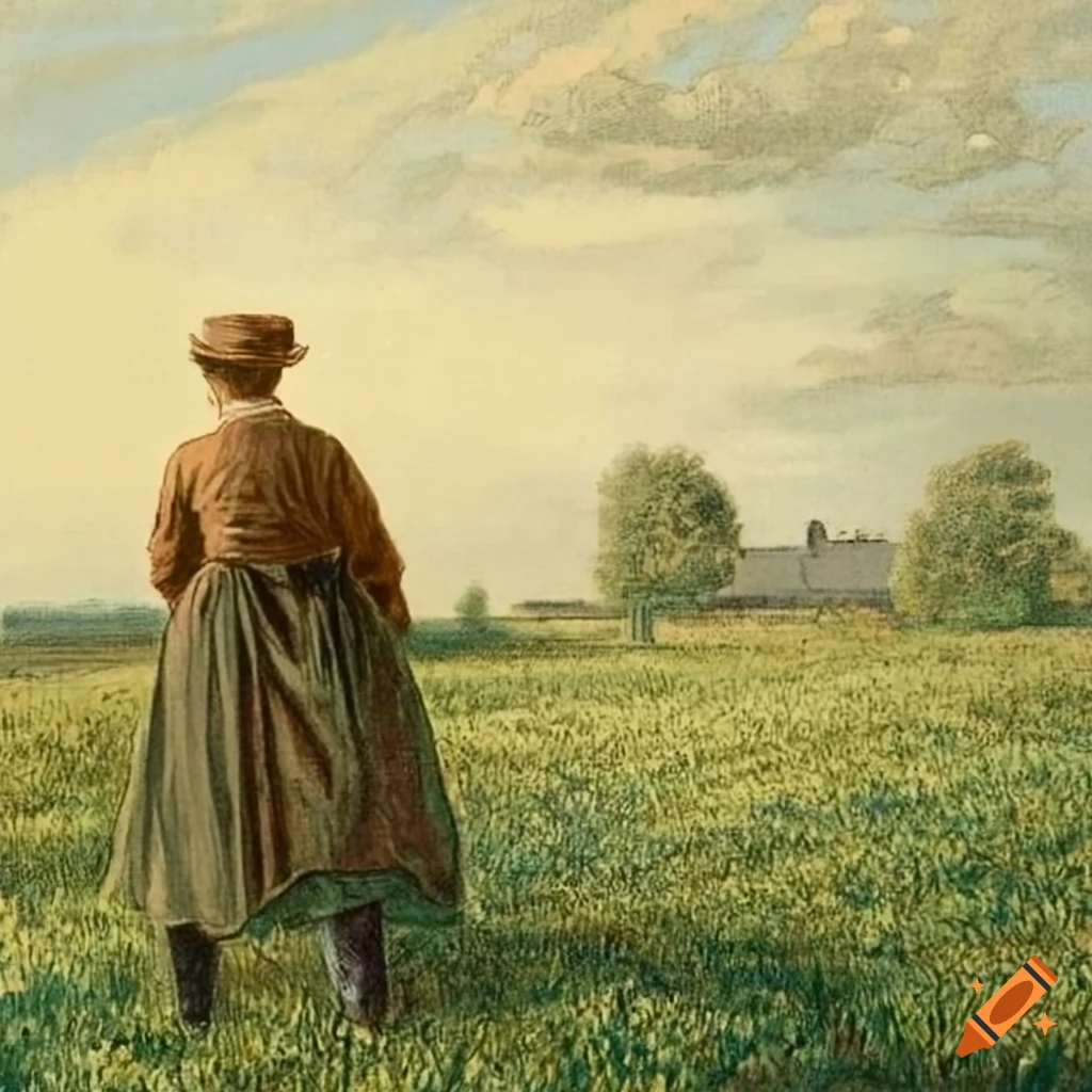 Realistic andrew wyeth-style landscape with a farmer tending to fields ...