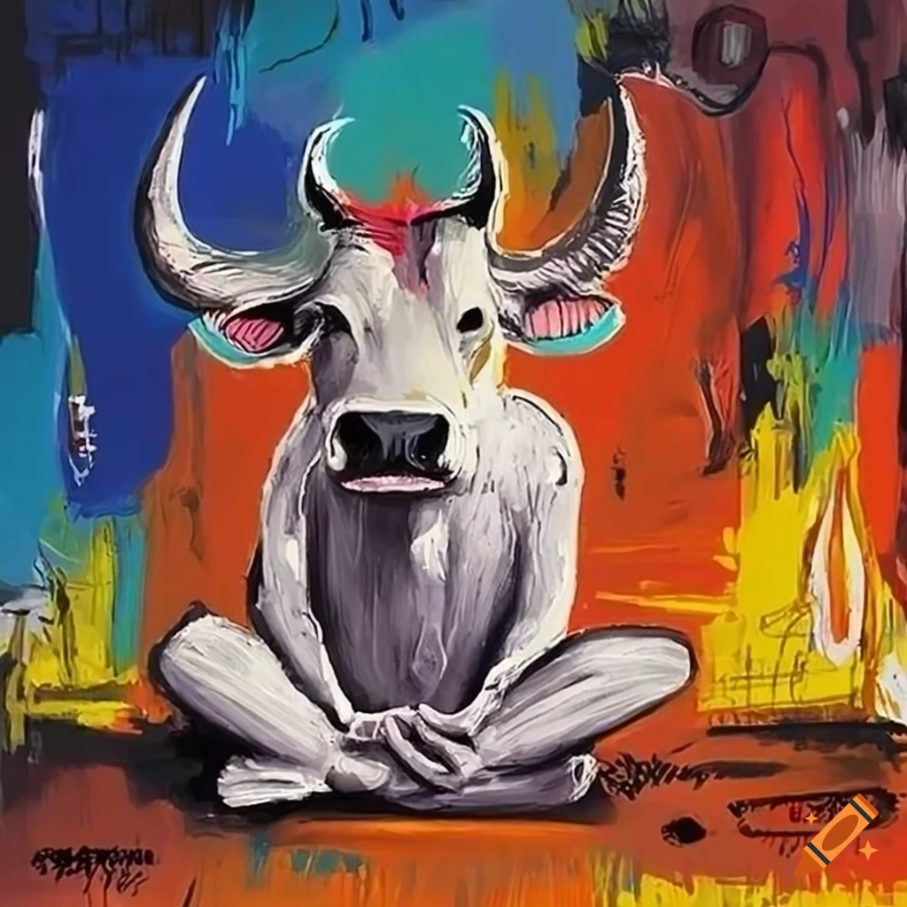 Painting of a meditating cow by basquiat