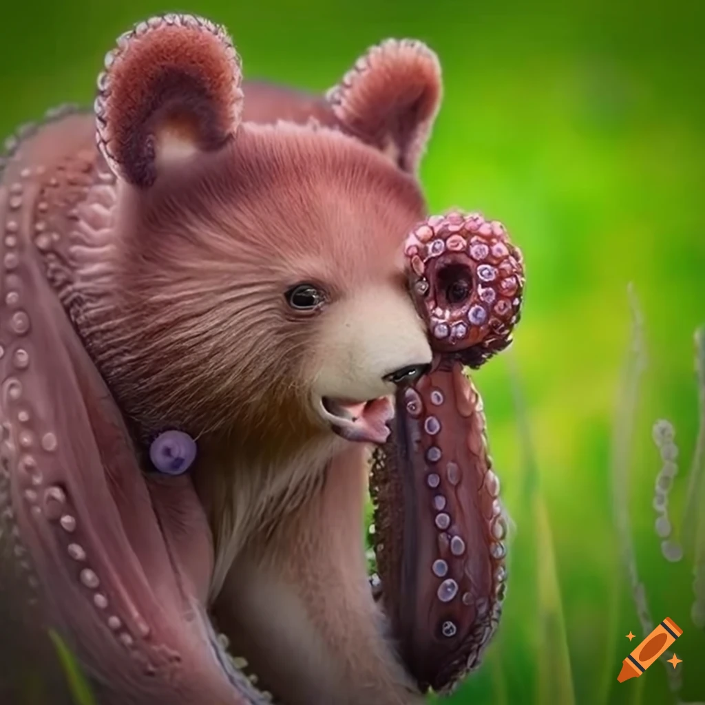 Cute octopus-bearcub playing in a grassy field on Craiyon