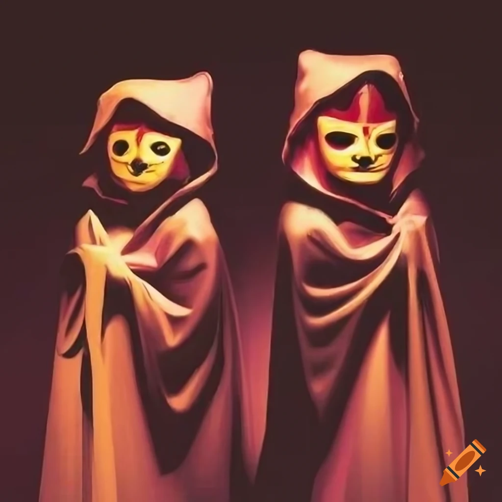Digital art of two cloaked figures with japanese masks on Craiyon