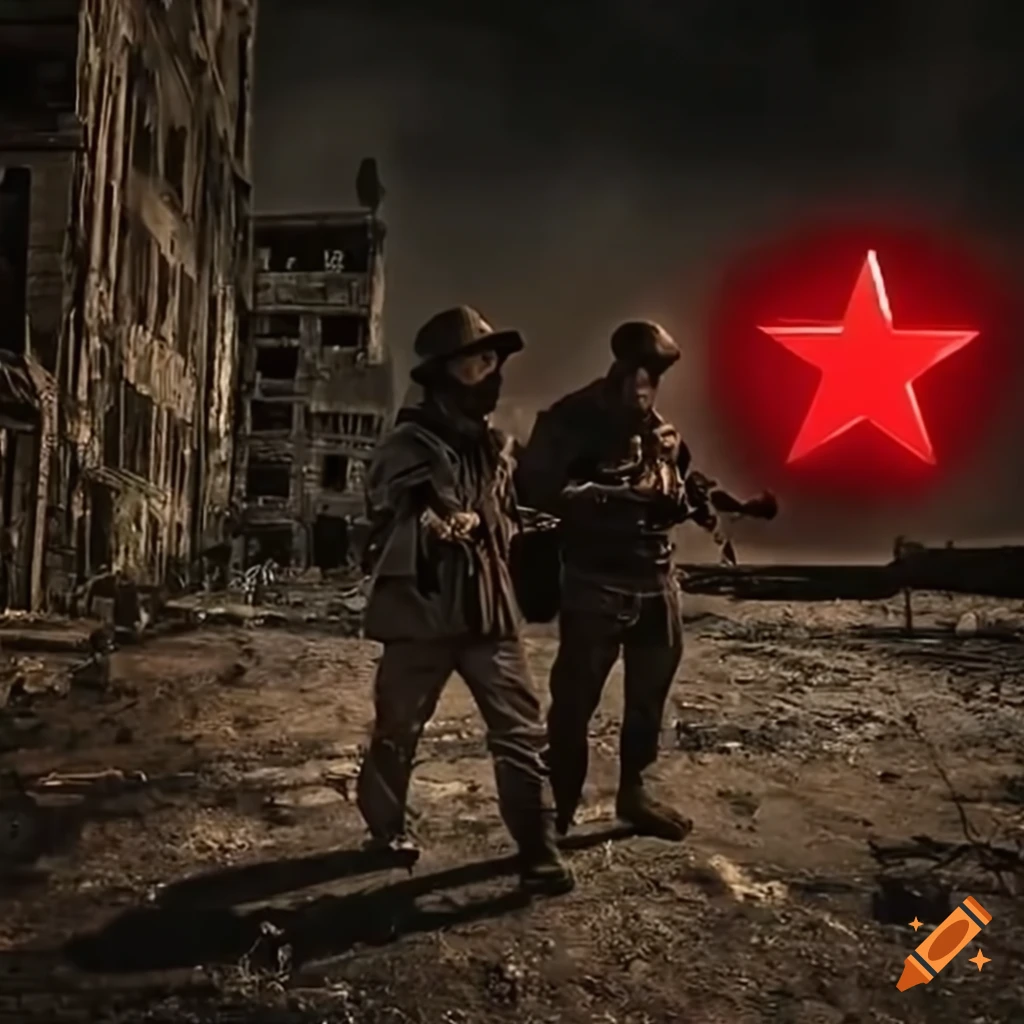 Post apocalyptic scene with armed men and a red star