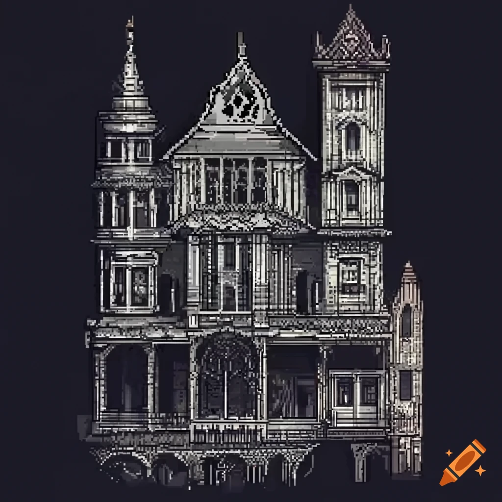 Pixel art tileset with gothic victorian buildings on Craiyon