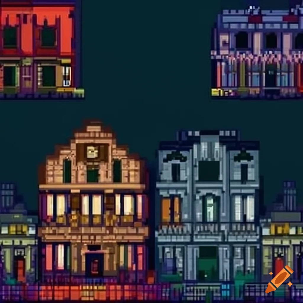 Pixel art tileset with gothic Victorian buildings on Craiyon