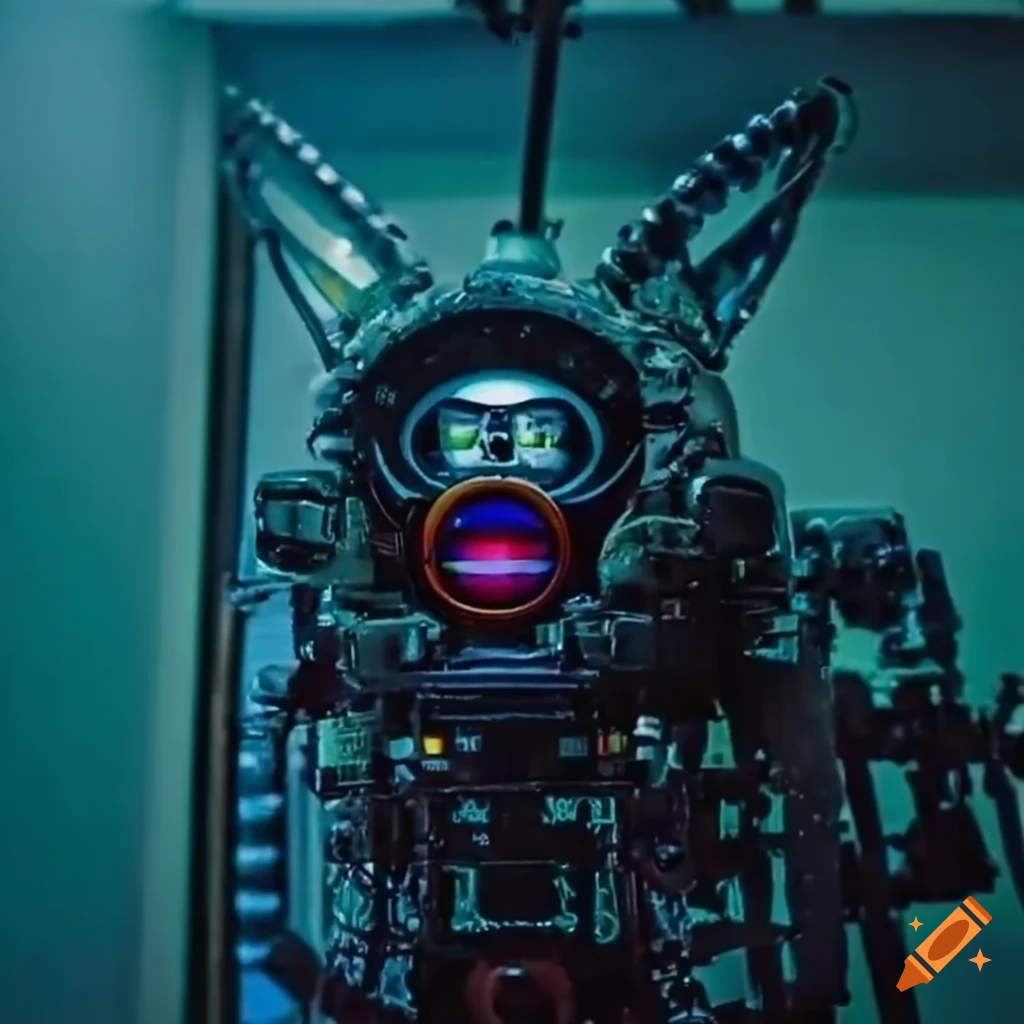 Photorealistic close up shot of a giant furby endoskeleton on Craiyon