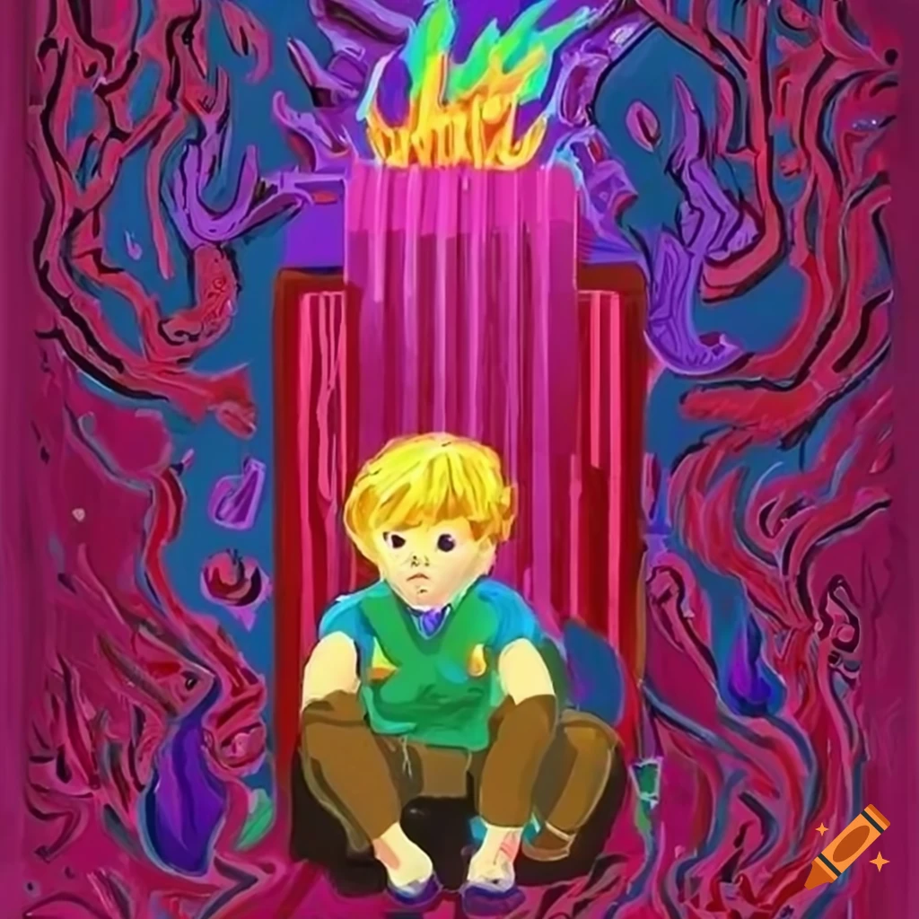 Colorful illustration with a boy and fantastical creatures on Craiyon