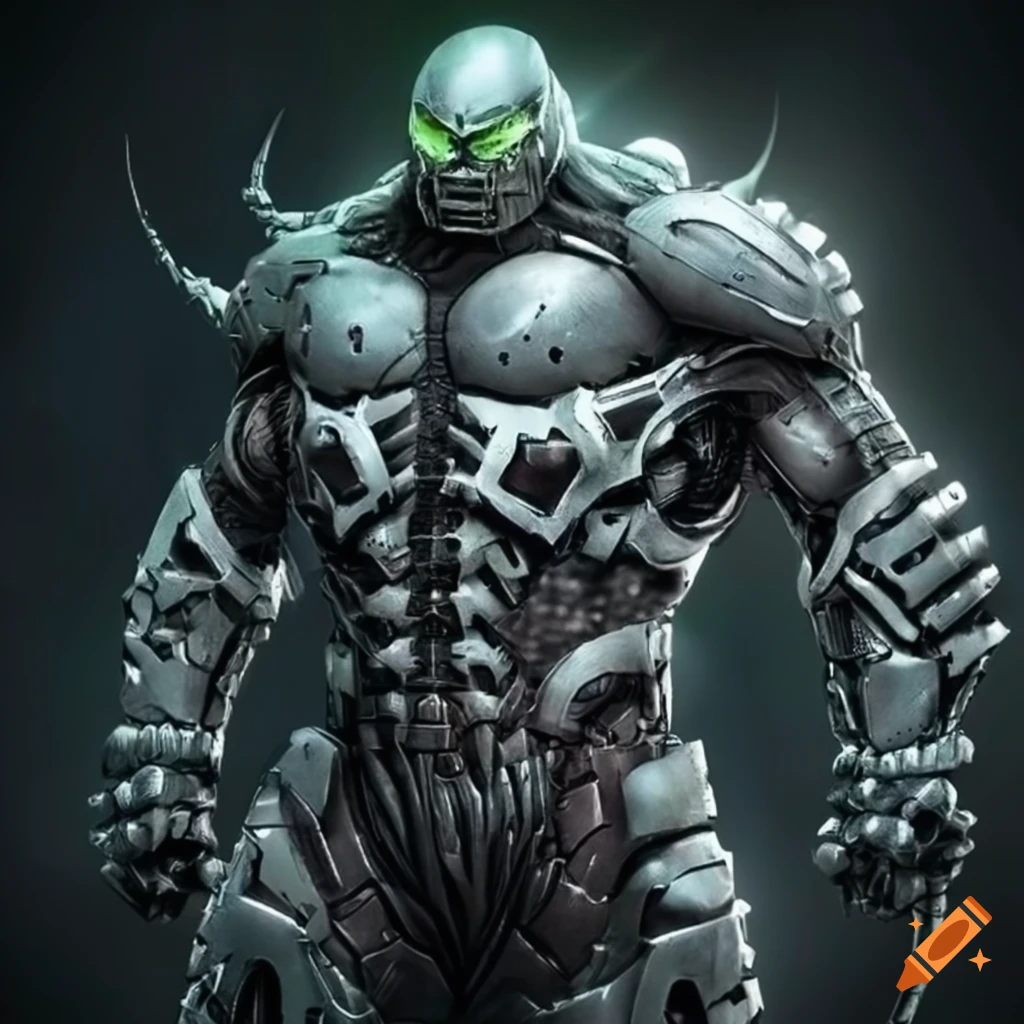 Image of a gray steel cyborg superhero in alien armor