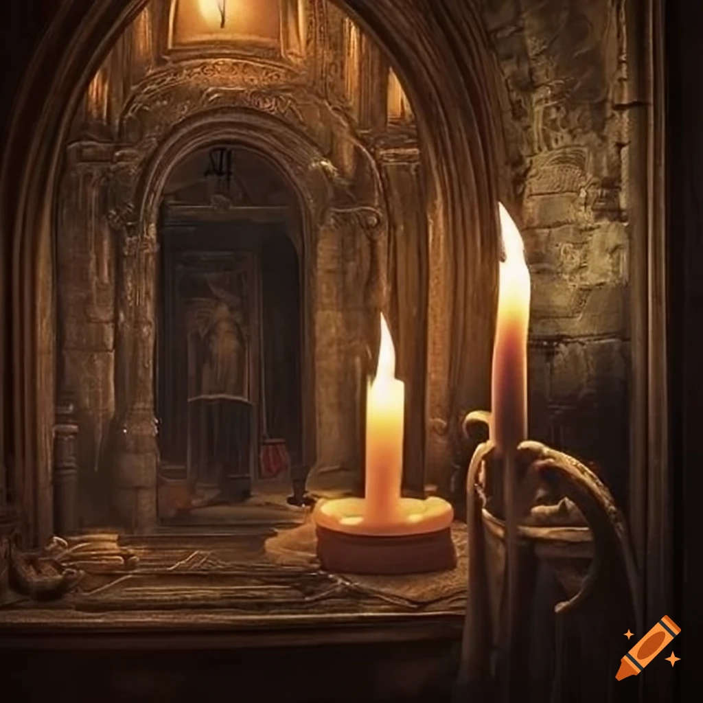 Steampunk medieval prison complex at night with monks in a rainy ...