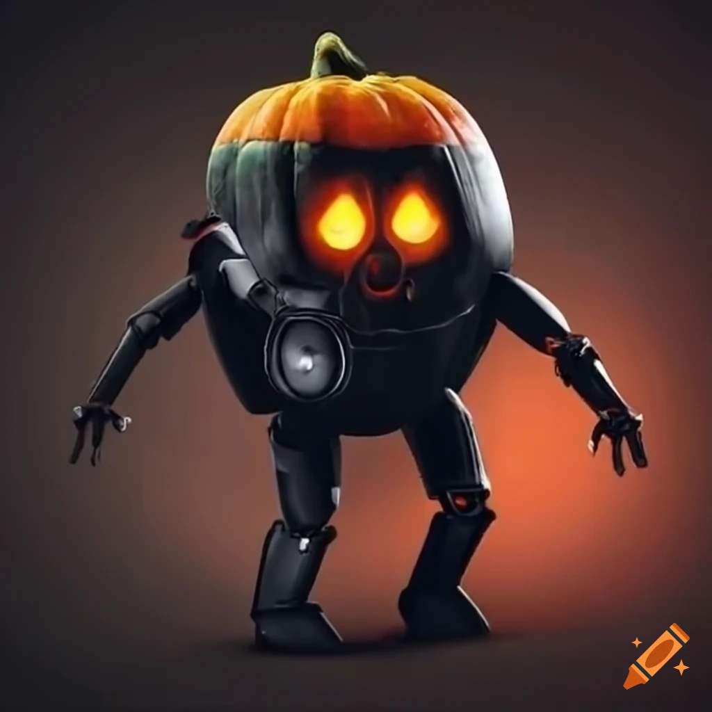 Concept art of a spooky pumpkin-headed robot