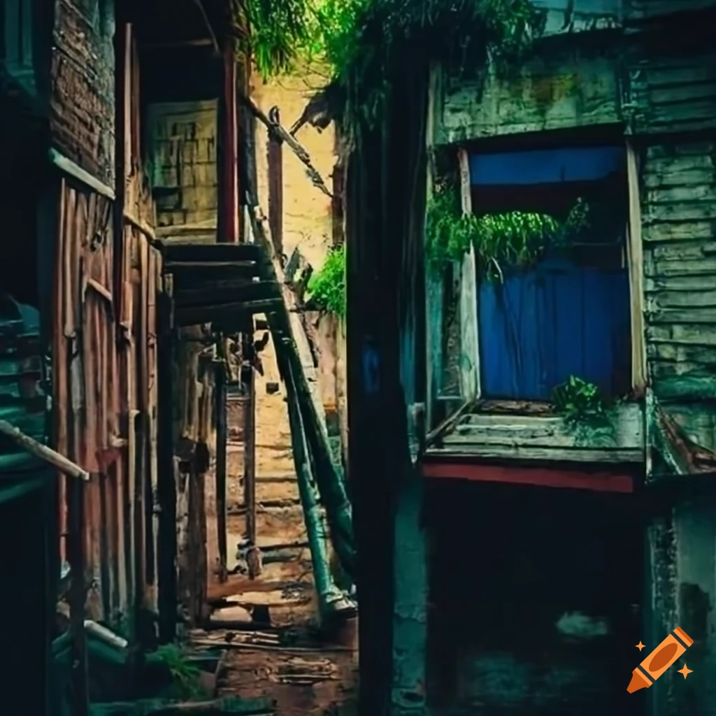 Photograph of rural slums with interconnected stairs on Craiyon