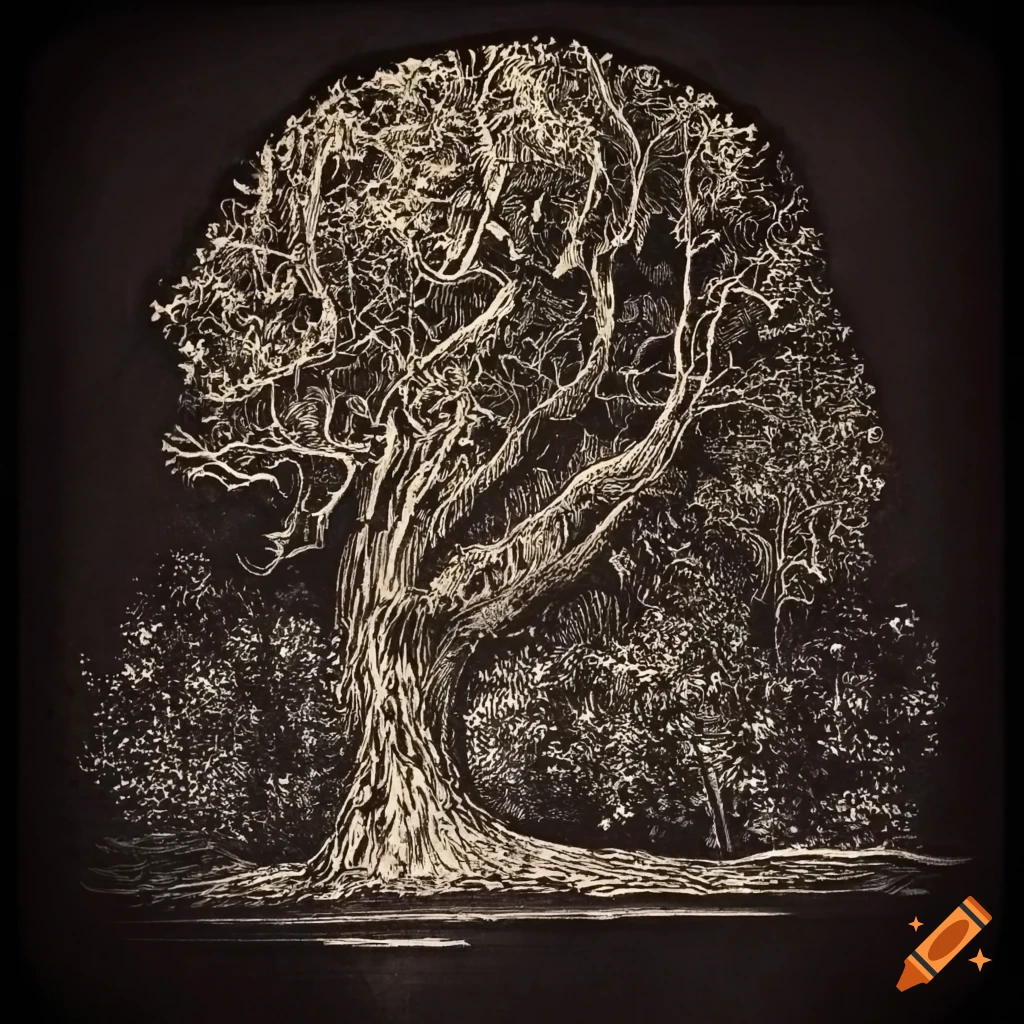 Monochromatic engraving of a historical map with trees