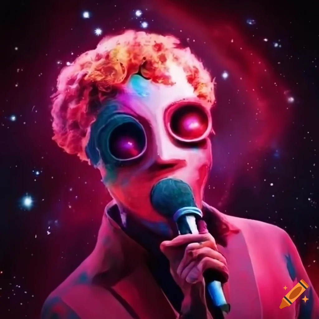 Artist's rendition of a masked male singer in a space nebula