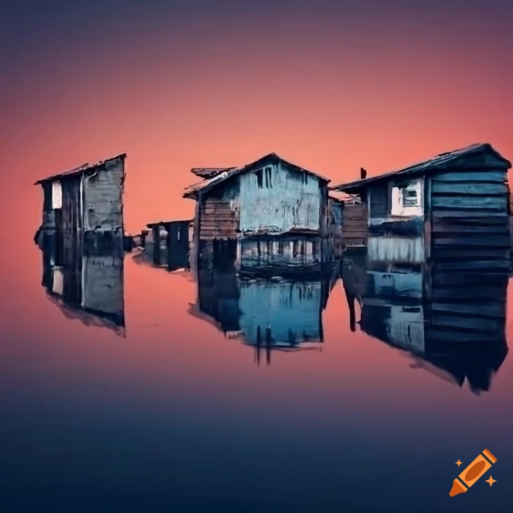 City slums with structures resting on stilts on lake on Craiyon