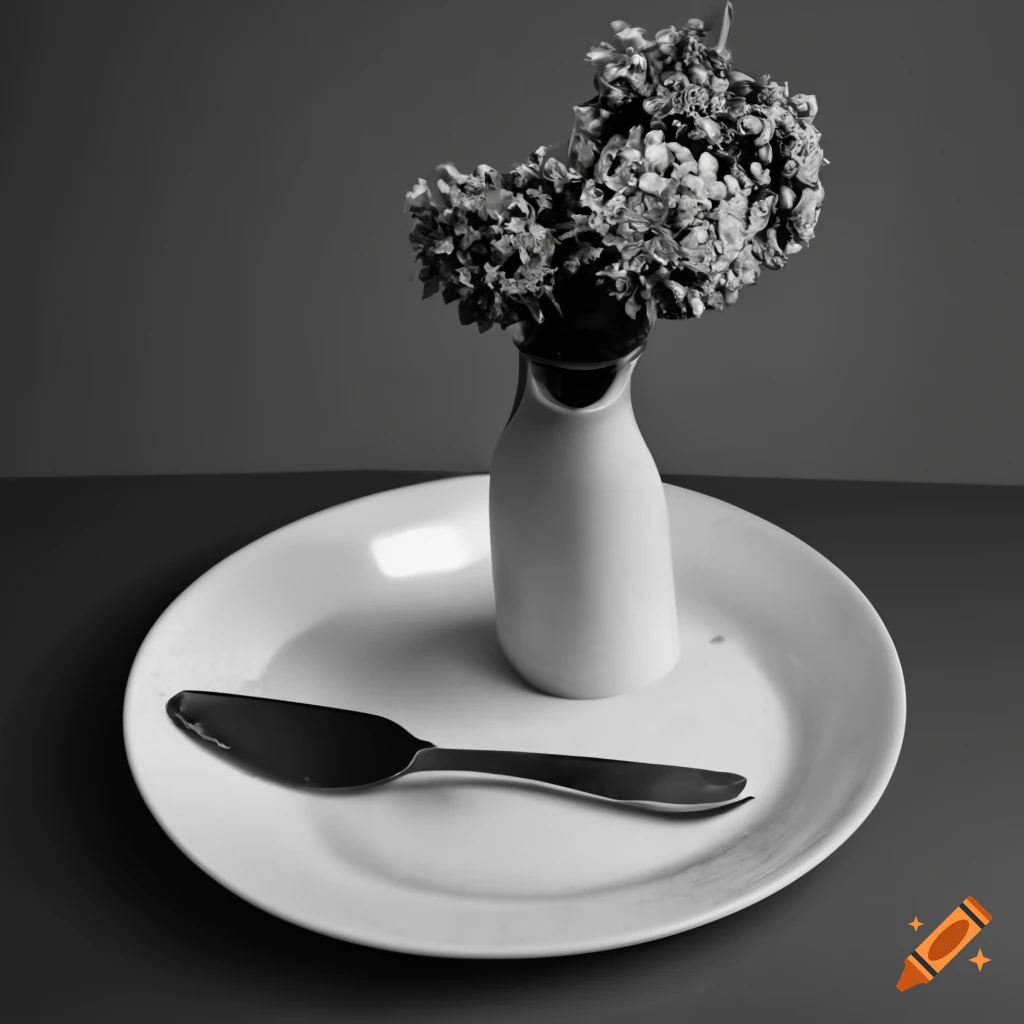 Top down view of a plate with a vase and cutlery on Craiyon