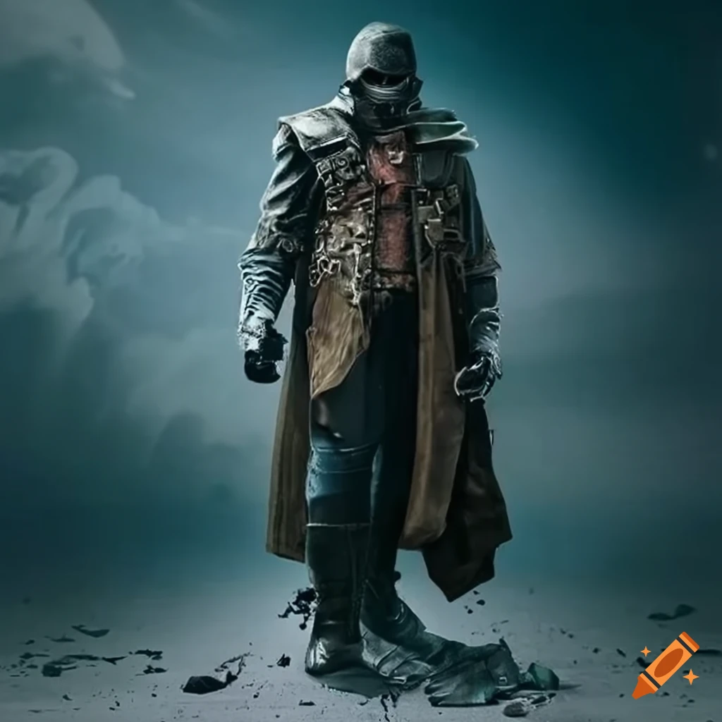 Post-apocalyptic man in a cloak and mask