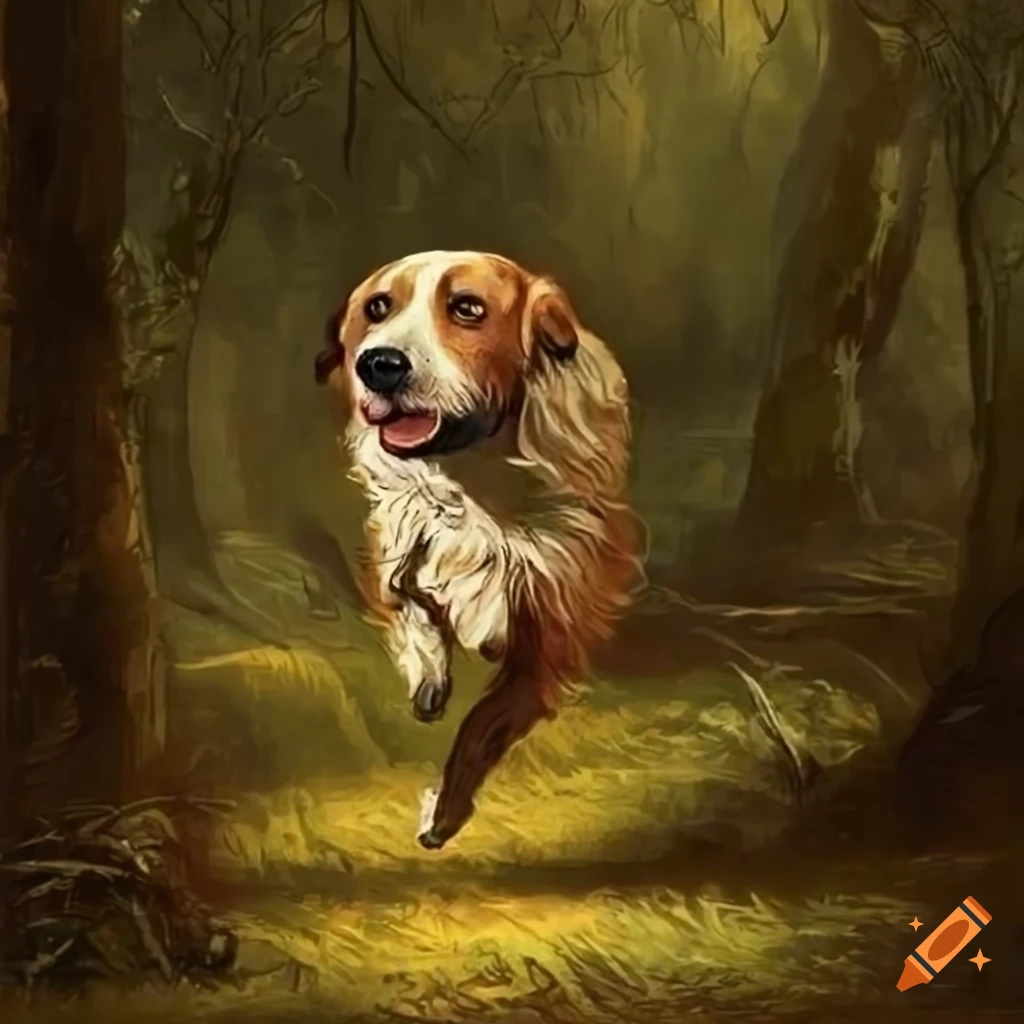 Vintage colored drawing of a dog running in the countryside on Craiyon