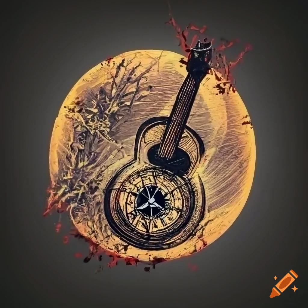 Logo with guitar, compass, and climbing plants