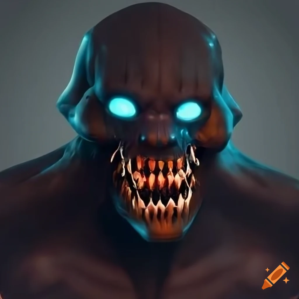 Image of a dark-skinned humanoid with glowing orange eyes and sharp ...