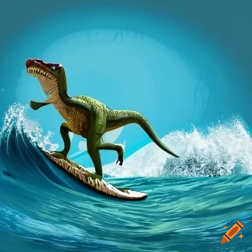 Dinosaur surfing a giant wave with sunglasses