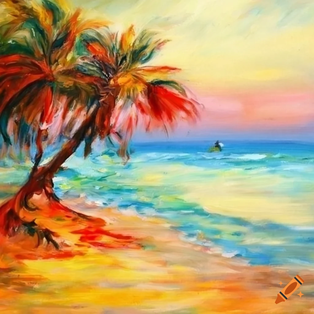 Colorful oil painting of a tropical beach in renoir style
