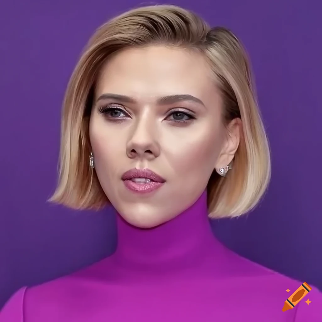 Scarlett johansson with a straight bob haircut and pink turtleneck