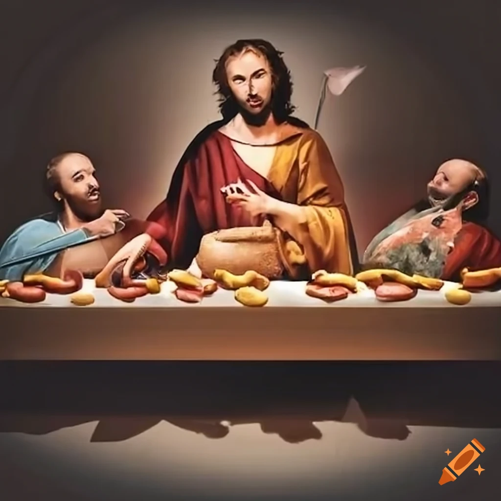 Satirical reimagining of the last supper with hot dogs as food on Craiyon