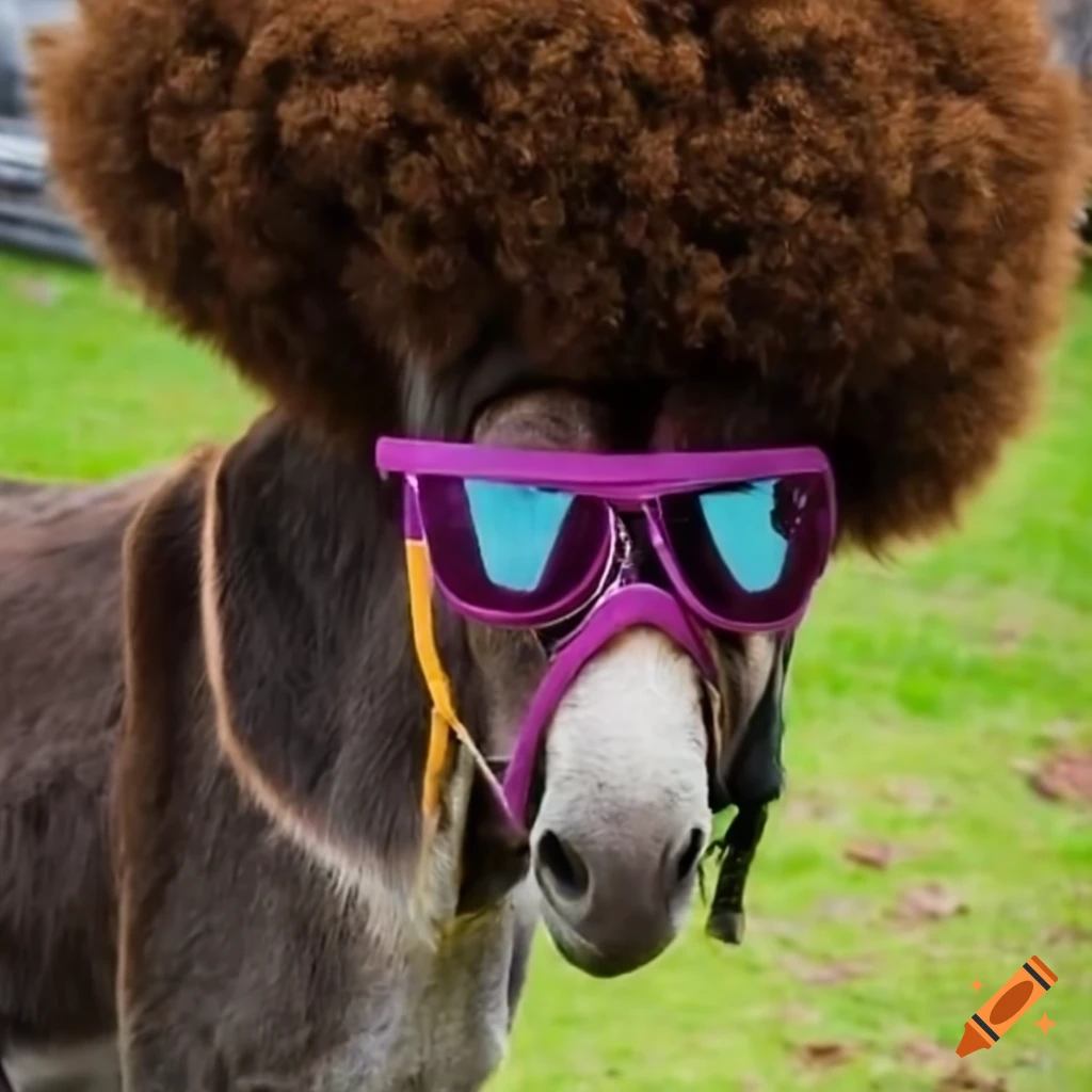 Humorous image of a donkey with an afro and sunglasses on Craiyon